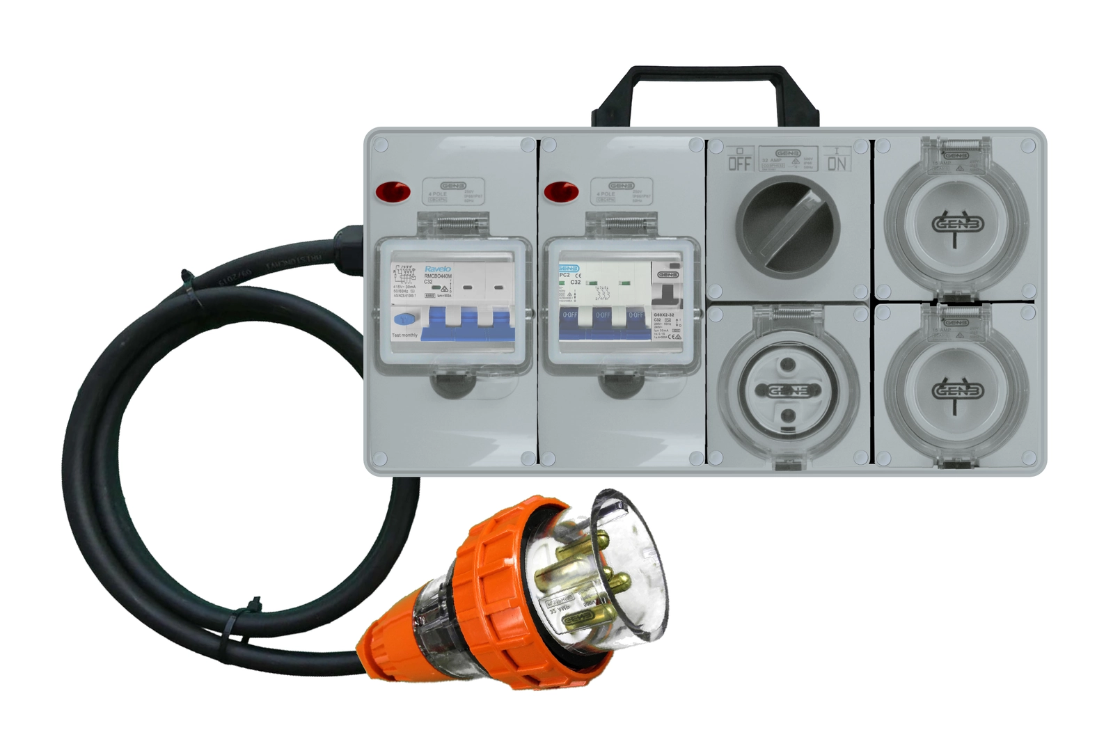 Power Board 5 Pin 32A to 5 Pin 32A and 3 Pin 15A RCBO Protected
