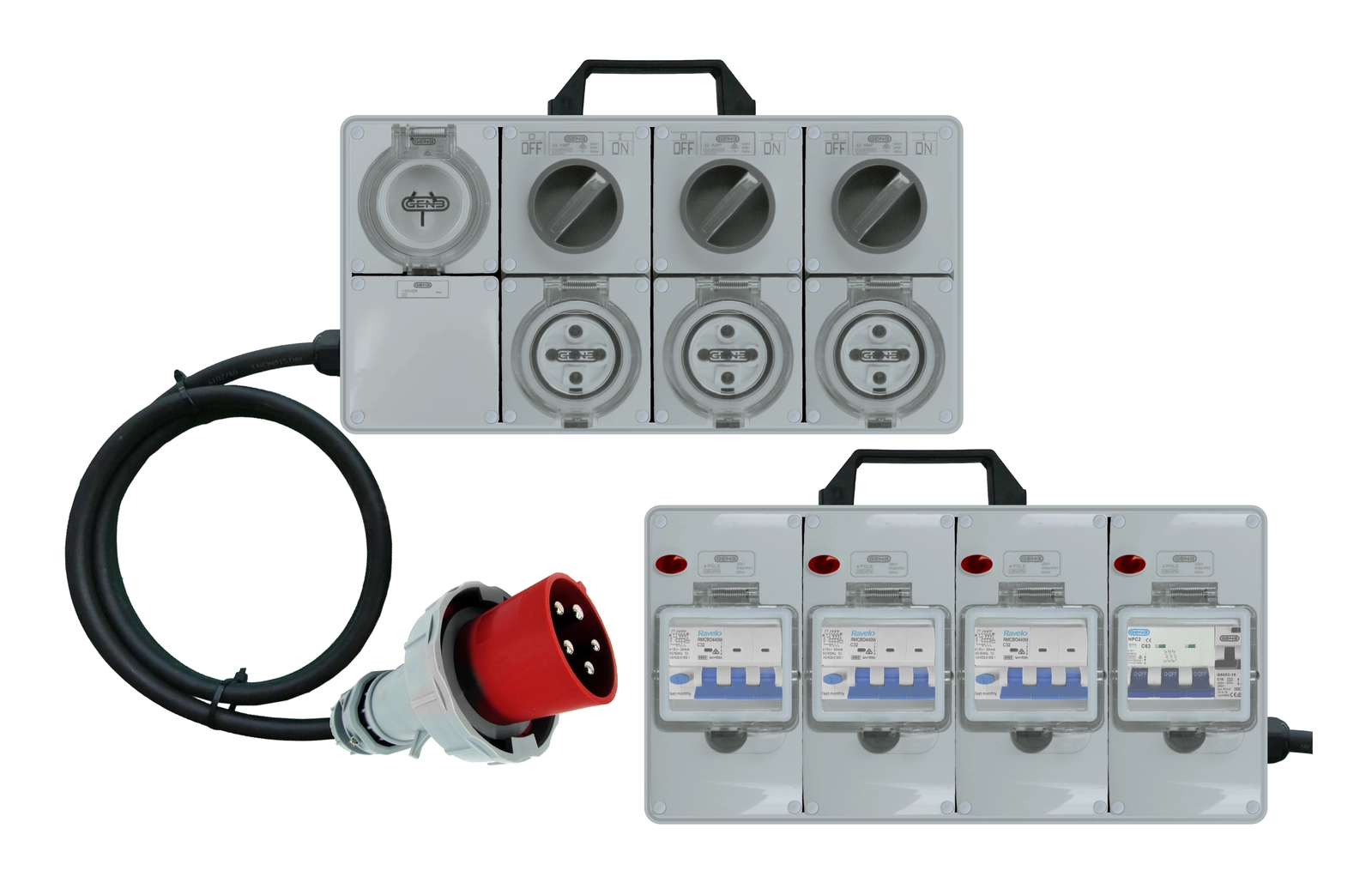 Power Board 5 Pin 63A CEE Form - various outlet options - RCBO Protected