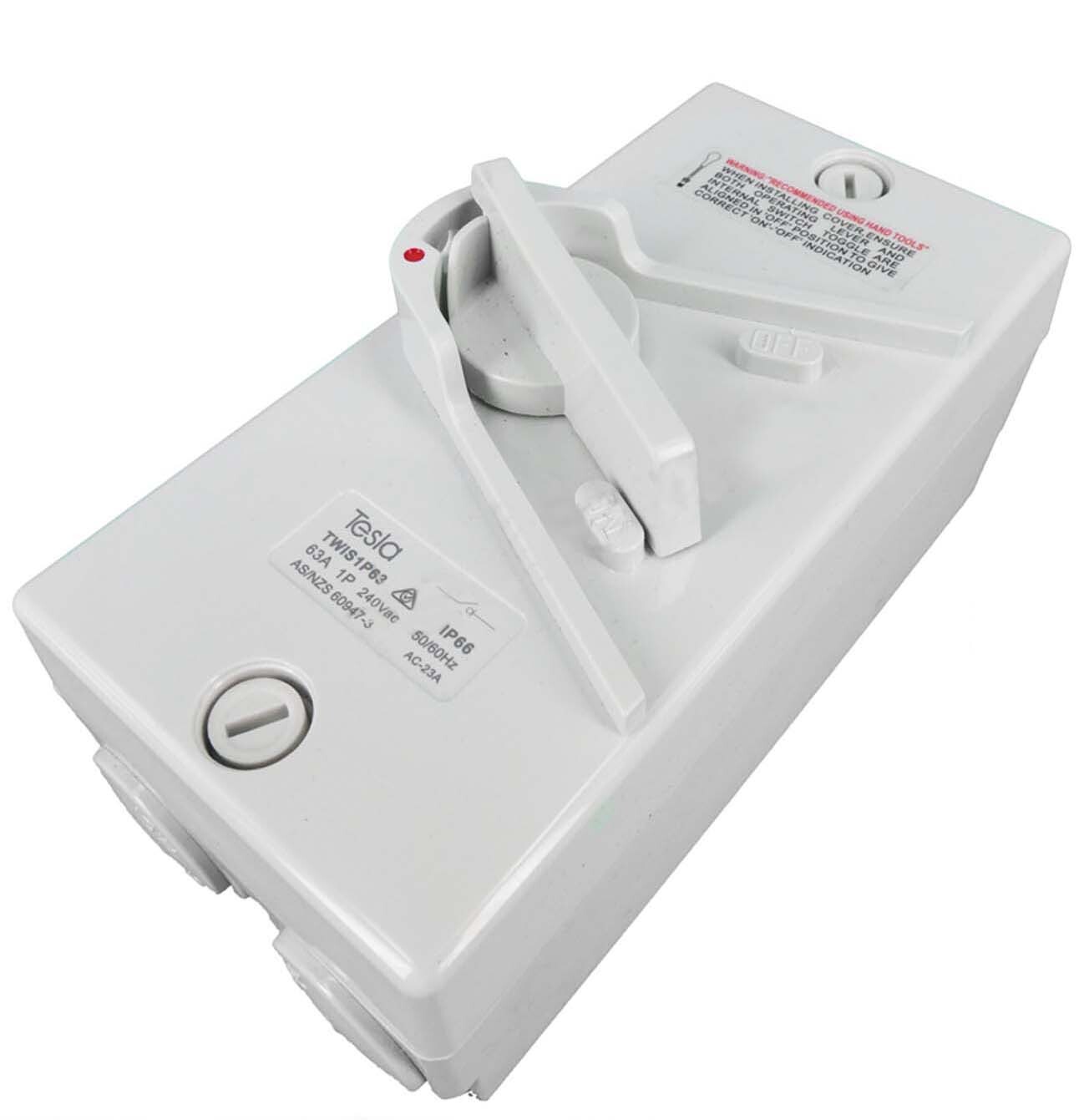 Tesla 63 Amp Single Phase Single Pole Isolator Switch IP66 Tesla 63 Amp Single Phase Single Pole Isolator Switch IP66